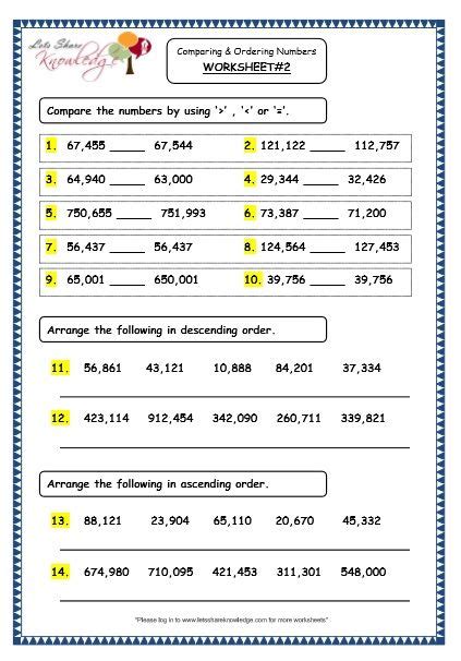 comparing whole numbers worksheets