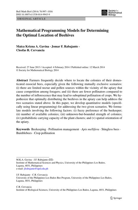 pdf mathematical programming models for determining the optimal location of beehives
