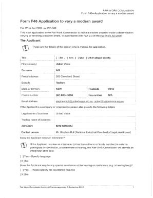 Fillable Online Form F46 Application To Vary A Modern Award Fax Email