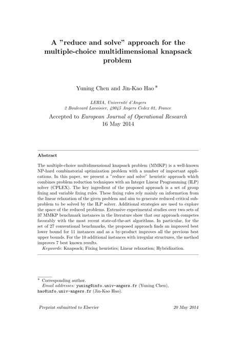 pdf a “reduce and solve” approach for the multiple choice multidimensional knapsack problem