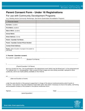 Fillable Online Parent Consent Form Under 16 Registrations A