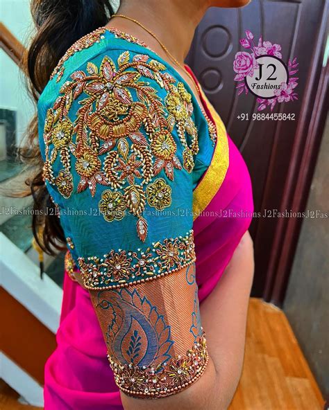 Gorgeous Powder Blue Color Bridal Blouse Sleeve With Floral Creeper