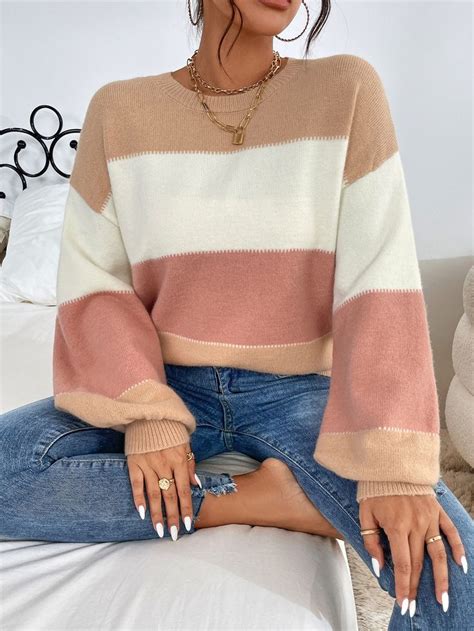 Camisolas Bloco de cores Manga da lanterna Paño Ropa Ropa de mujer
