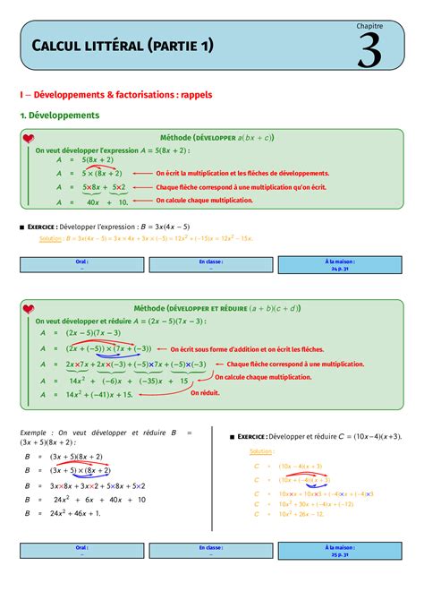 Calcul littéral Développement Factorisation Identités Remarquables