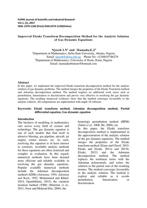 pdf improved elzaki transform decomposition method for the analytic solution of gas dynamic
