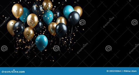 Globos Azules Y Dorados Con Confeti Sobre Fondo Negro 3d Representando