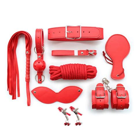 5 Setlot Black Red Leather Suit Fetish Whip Rope Blindfold Wrist Cuffs Collar Ball Gag Sex