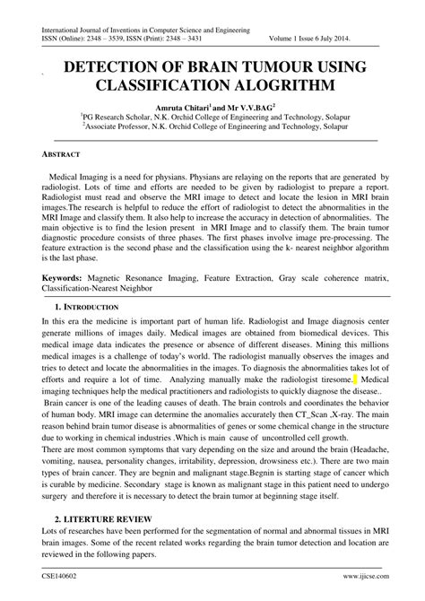 pdf detection of brain tumour using classification alogrithm