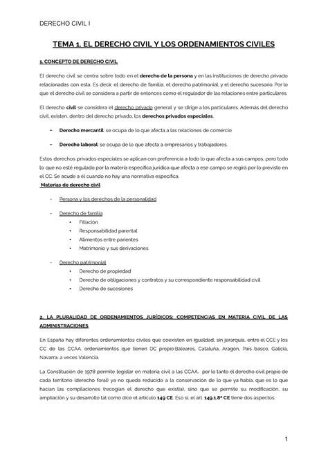 Derecho Civil 1 TEMA 1 EL DERECHO CIVIL Y LOS ORDENAMIENTOS CIVILES