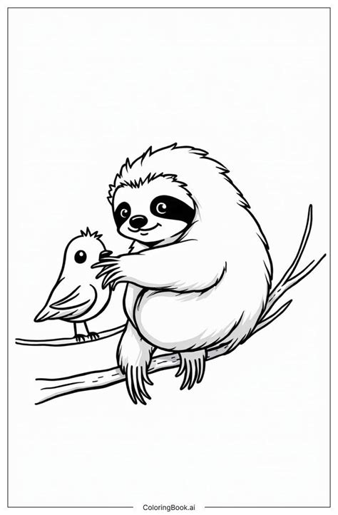 Página de Colorir Bicho preguiça um passarinho PDF PNG