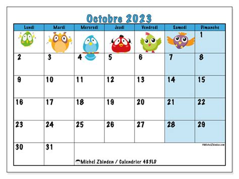 Calendrier octobre 2023 à imprimer 483LD Michel Zbinden CA