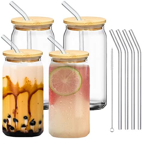 CAYOREPO Lot de 4 verres à boire avec couvercles en bambou et paille en