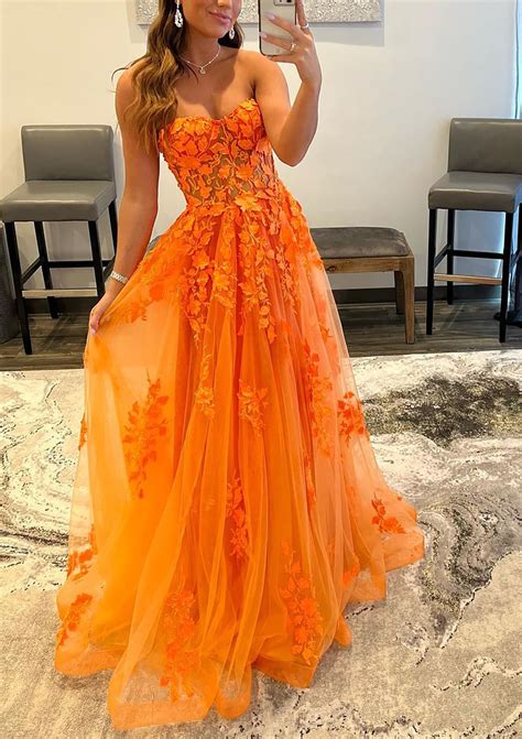 A Line Sweetheart Long Floor Length Tulle Prom Dress With Appliqued