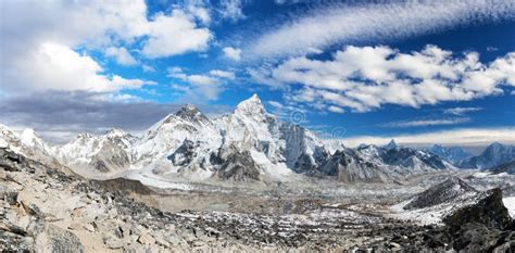 Mount Everest Himalaya Panoramic View From Kala Patthar Stock Photo