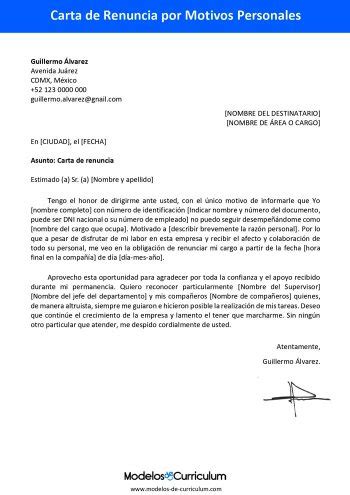 Carta De Renuncia Por Motivos Personales Ejemplo