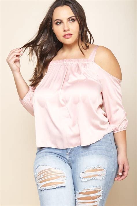 Plus Size Pink Satin Cold Shoulder Blouse Cold Shoulder Blouse Plus Size Open Shoulder Tops