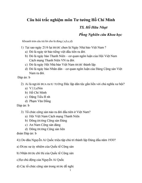 Cau hi trc nghim mon T tng H Chi Câu hỏi trắc nghiệm môn Tư tưởng Hồ