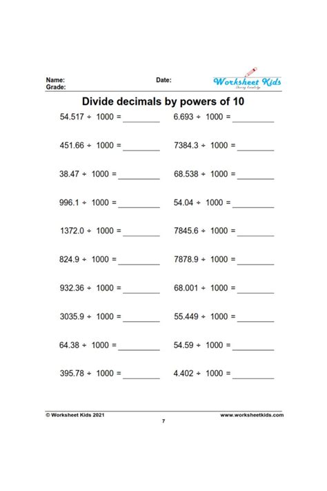 Dividing Decimals By Powers Of Worksheets For Th Grade Powers Of