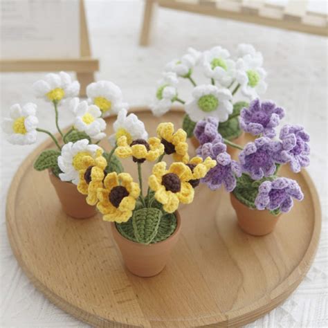 Mini Crochet Daisy Flower Pot Finished Crochet Flowers Pot Etsy