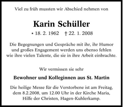Traueranzeigen Von Karin Sch Ller Trauer In Nrw De