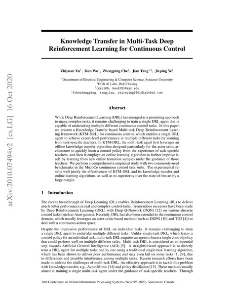 pdf multi task deep reinforcement learning with knowledge transfer for continuous control