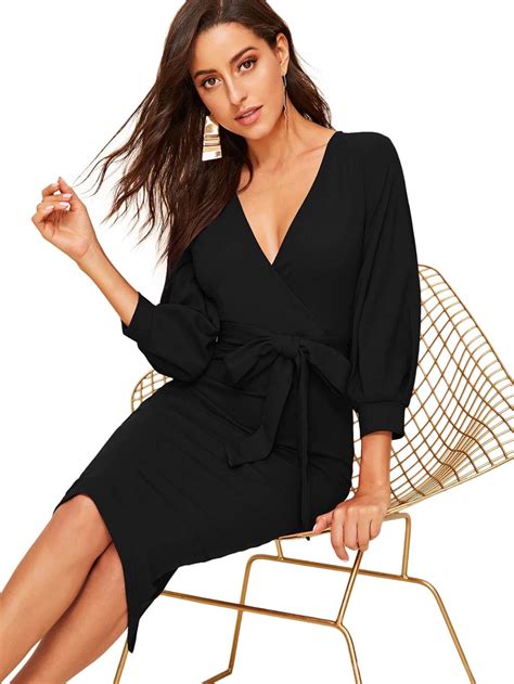 Verdusa Women S Wrap V Neck Long Sleeve Belted Formal Bodycon Dress