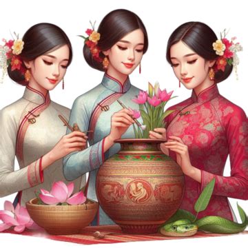 Vietnamese Tradition Womens With Flowers Vietnamese Tradition Womens
