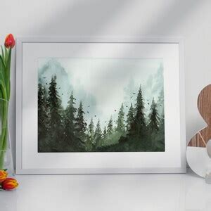 Pine Tree Forest Watercolor Art Print Misty Evergreen Etsy