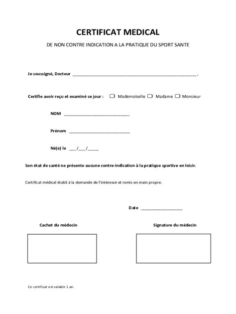 CERTIFICAT MEDICAL DE NON CONTRE INDICATION A LA PRATIQUE Form Fill