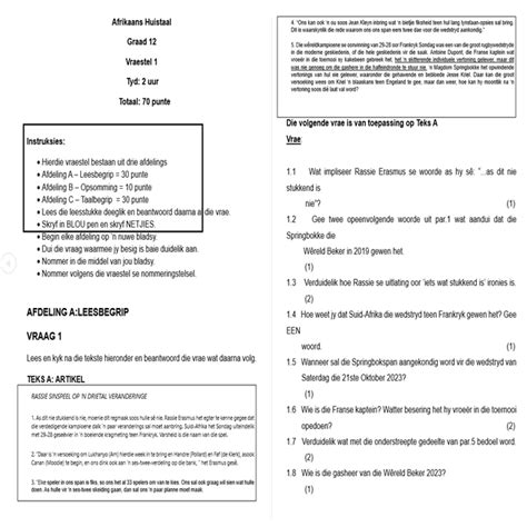 Graad 12 Afrikaans HT November Vraestel 1 En Memo 2023 Teacha