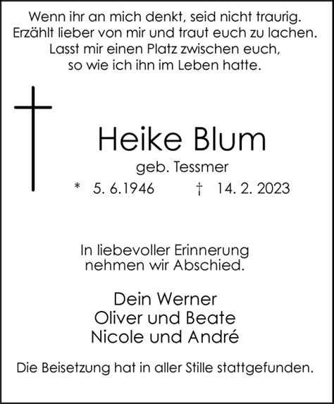 Traueranzeigen Von Heike Blum Trauer In NRW De
