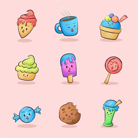 Premium Vector Cute Cartoon Snack Food Ice Cream Cookie Cake Candy Beverage Illustration Set