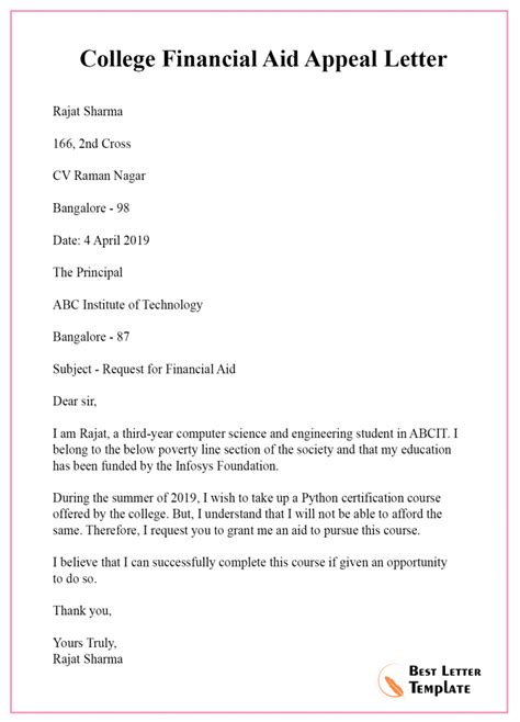 Financial Aid Academic Appeal Letter Sample