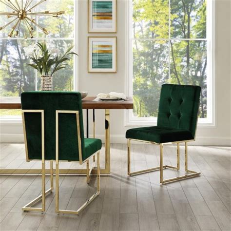 Posh Living Evan Velvet Dining Side Chair In Hunter Green Gold Set Of