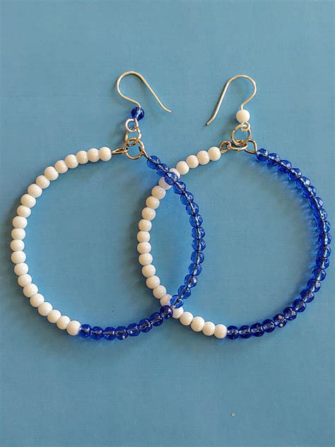 Handmade Blue And White Hoop Earrings Etsy Canada White Hoop