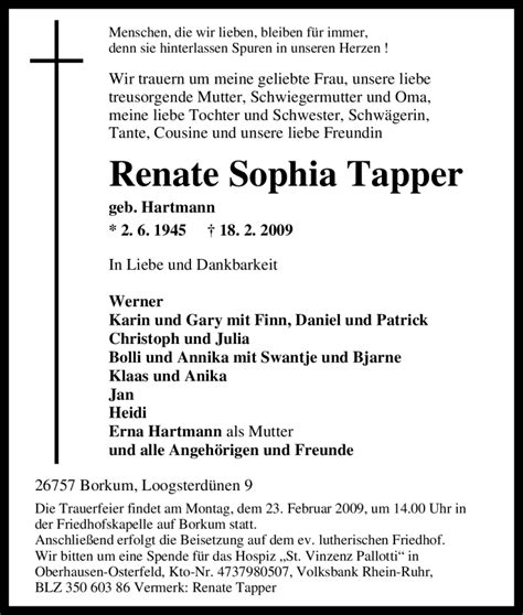 Traueranzeigen Von Renate Sophia Tapper Trauer In NRW De