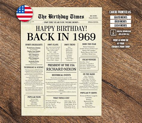 1969 Poster 54th Birthday Newspaper Sign 1969 Birthday Poster Instant