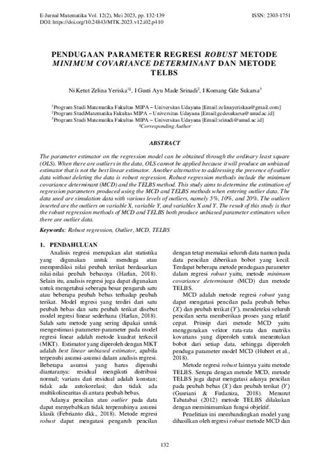 pdf pendugaan parameter regresi robust metode minimum covariance determinant dan metode telbs
