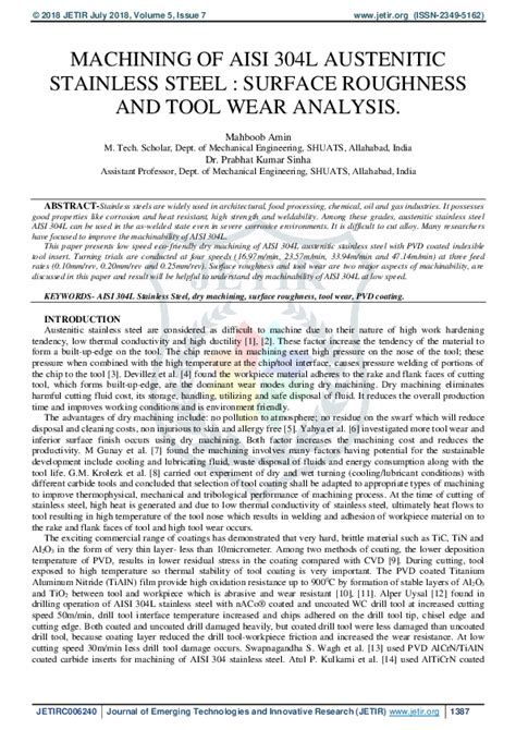 pdf machining of aisi 304l austenitic stainless steel surface roughness and tool wear
