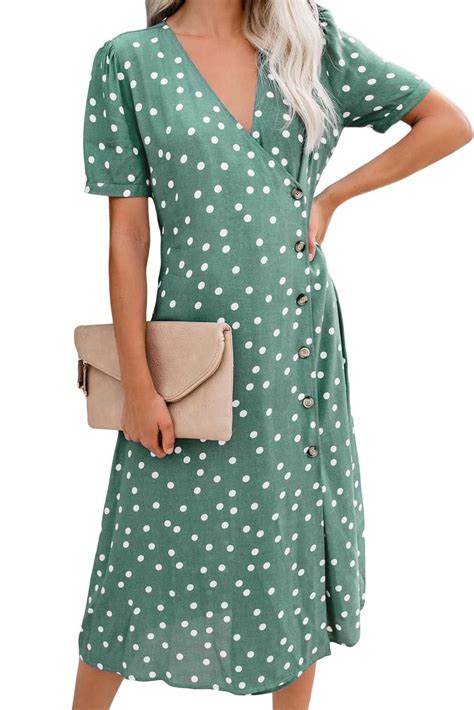 Green Polka Dot Aside Button Down Midi Dress Midi Dress Comfy