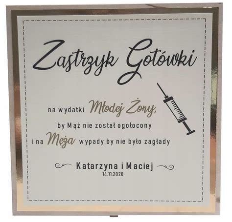 A White Sign With Black Writing And A Syringe On It S Side