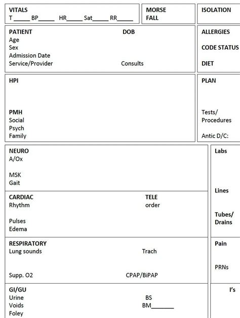 Printable Nursing Report Sheet Nurse Brain Sheet Single Patient