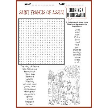 SAINT FRANCIS OF ASSISI Coloring Word Search Puzzle Worksheets Activities