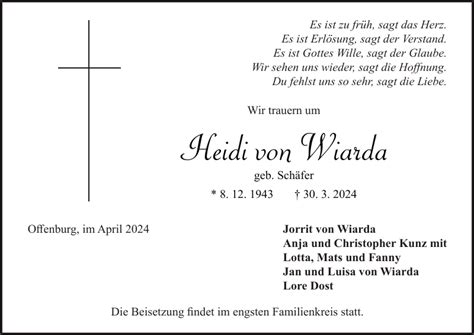 Heidi Von Wiarda Traueranzeige Badische Zeitung