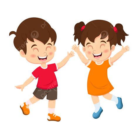 Feliz Lindo Niño Y Niña Dibujos Animados Agitando Las Manos PNG