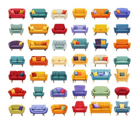 Sofas Cartoon Vector Set Chair Couch Pillows Bed Upholstered Furniture