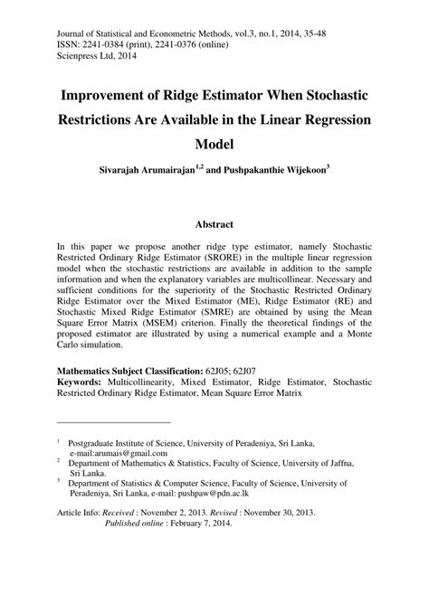 pdf improvement of the preliminary test estimator when stochastic restrictions are available