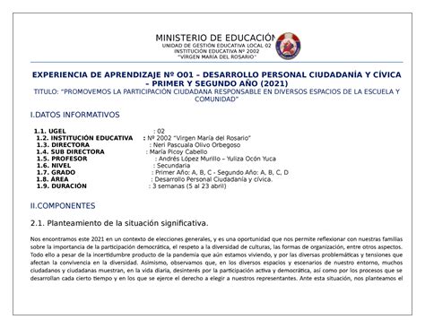 1 Y 2 Secundaria Experiencia DE Aprendizaje N01 DPCC Yuliza