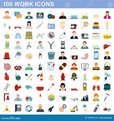 100 Iconos Fijados Estilo Plano Del Trabajo Stock de ilustración