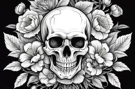 Premium Photo Human Skull In A Flower Frame Woodcut Style Vector
